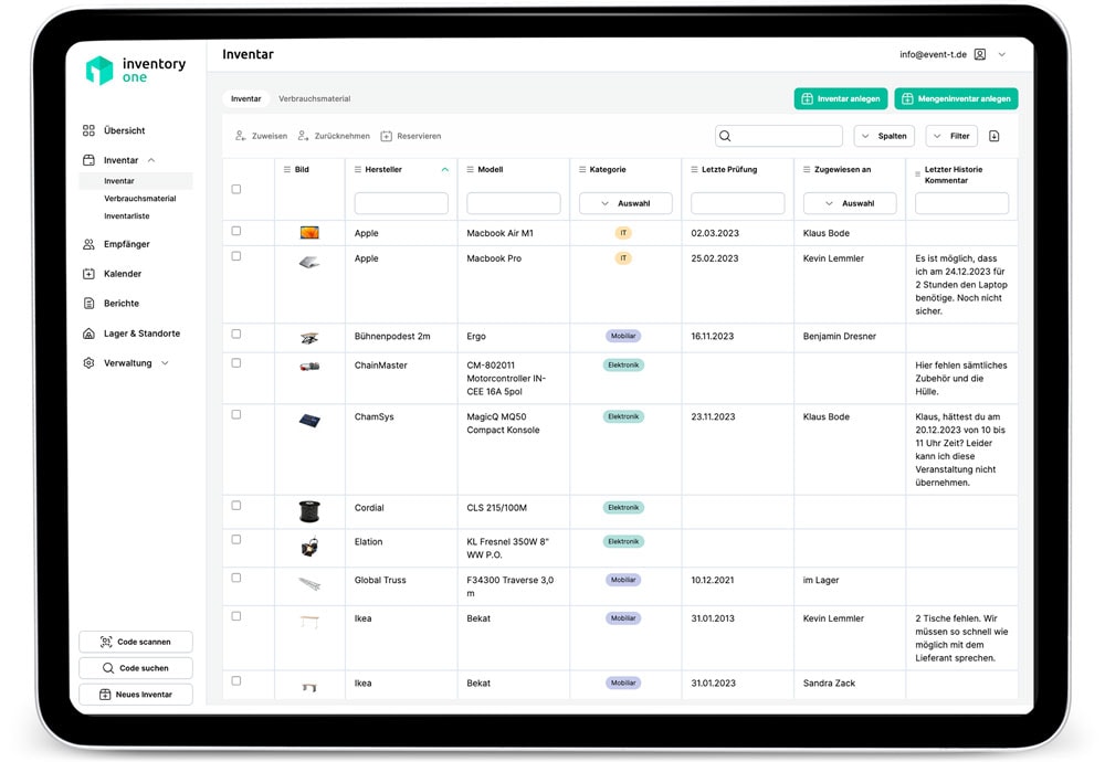 Equipmentverwaltung Veranstaltungstechnik mit Inventory ONE